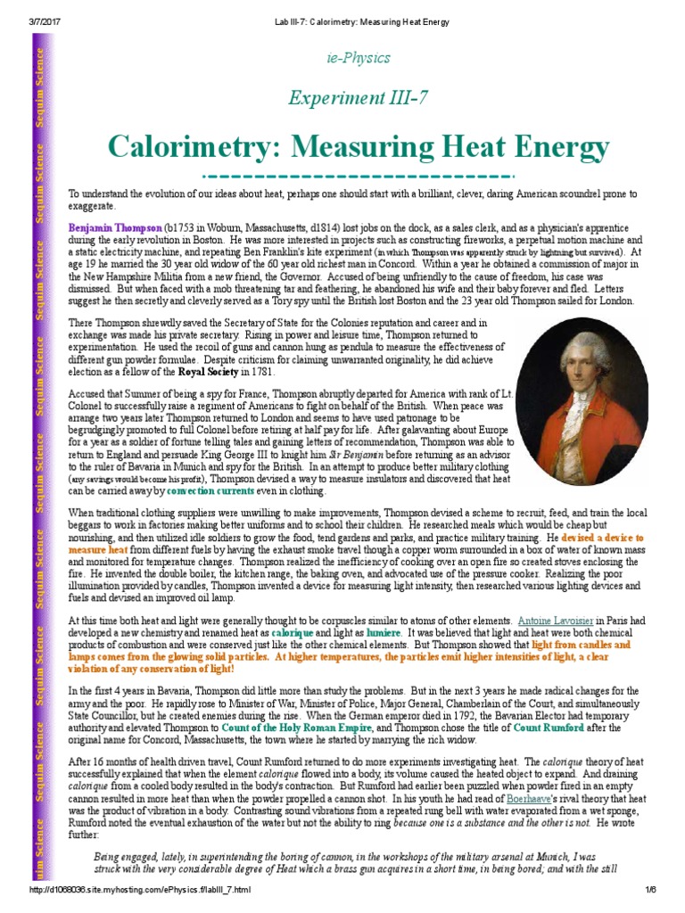 Measuring Heat Energy Through Calorimetry: Count Rumford's Pioneering ...
