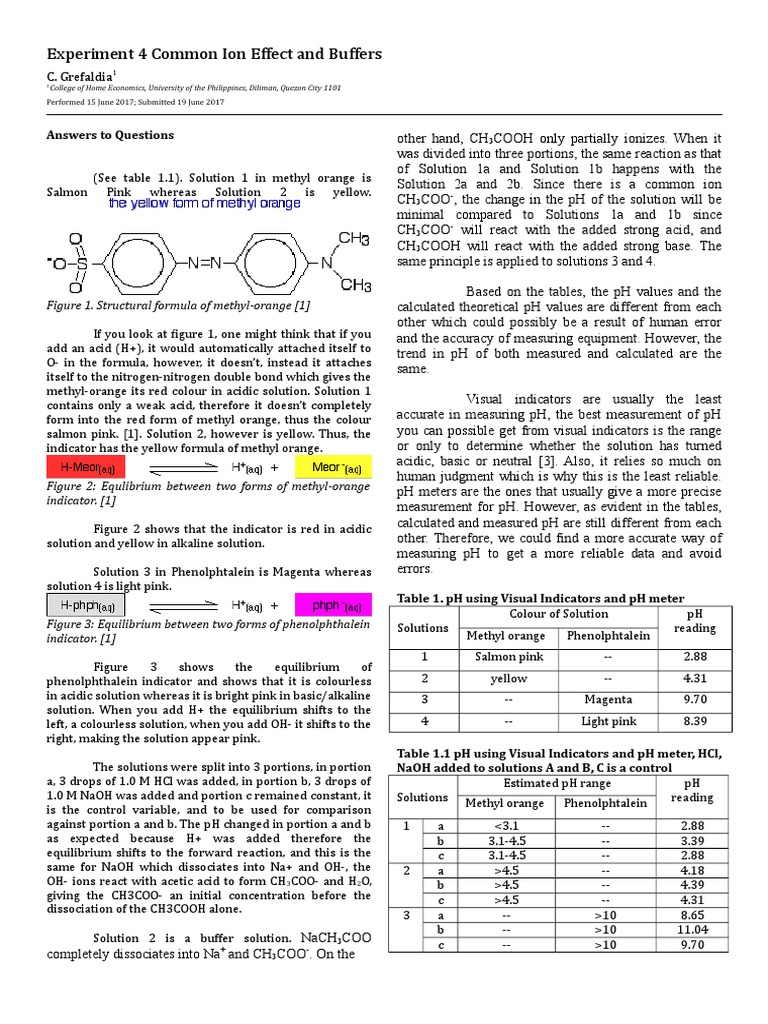 Experiment 4 Common Ion Effect and Buffers: Answers To Questions | PDF ...