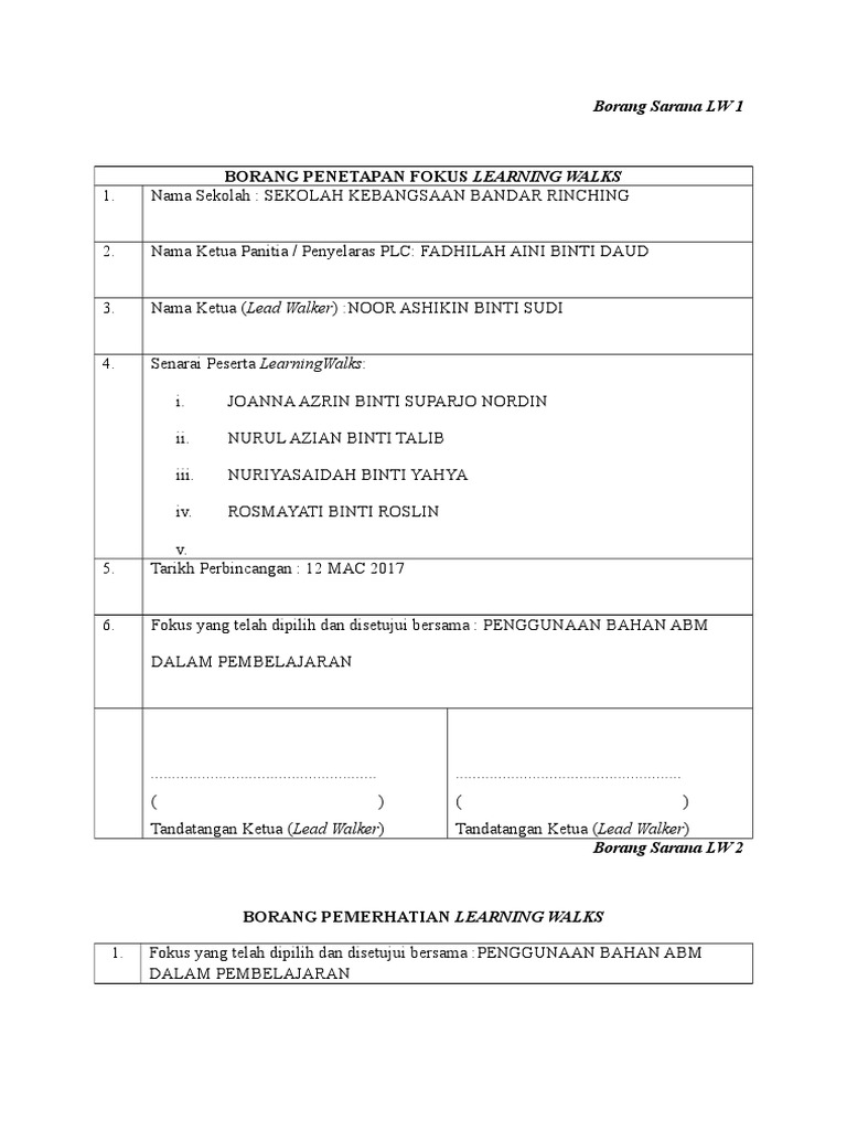 Borang Learning Walks | PDF