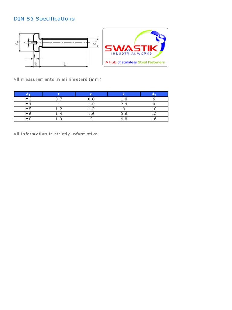 DIN 85 Specifications: All Measurements in Millimeters (MM) | PDF