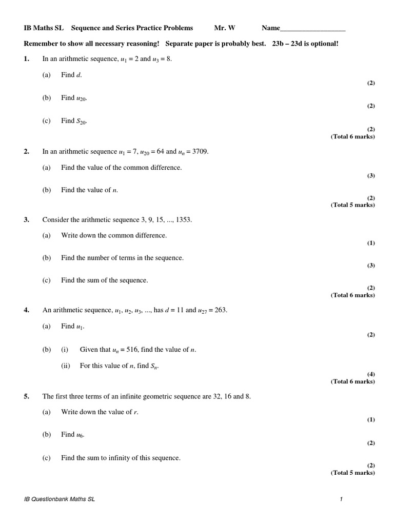 IB Maths SL Sequences and Series Problems | PDF | Summation | Sequence