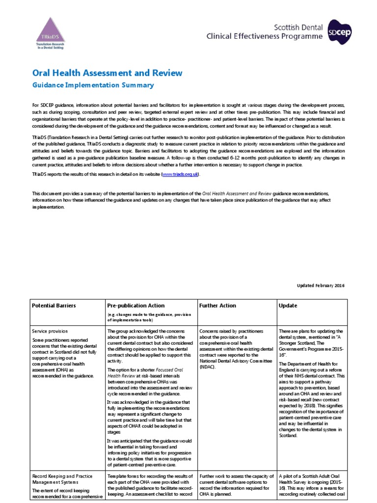 Oral Health Assessment and Review: Guidance Implementation Summary ...