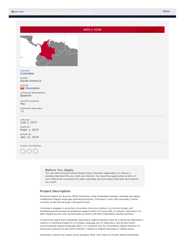 Peace Corps Secondary Education English Teacher Trainer | PDF ...