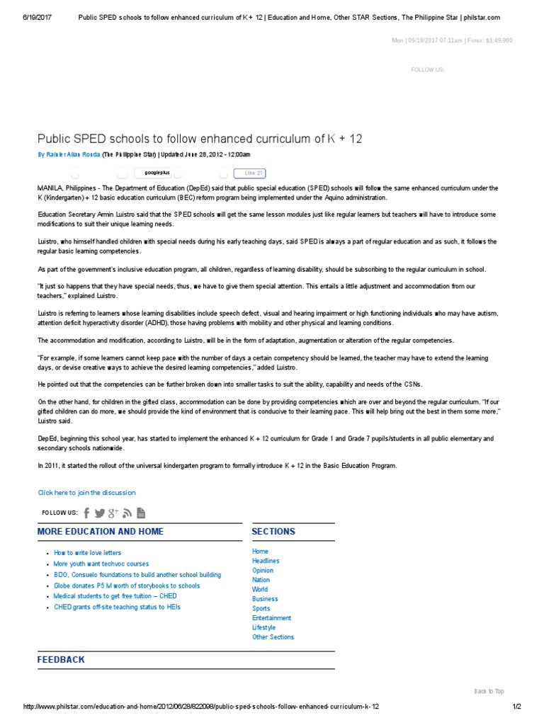 Public SPED Schools To Follow Enhanced Curriculum of K + 12 - Education ...