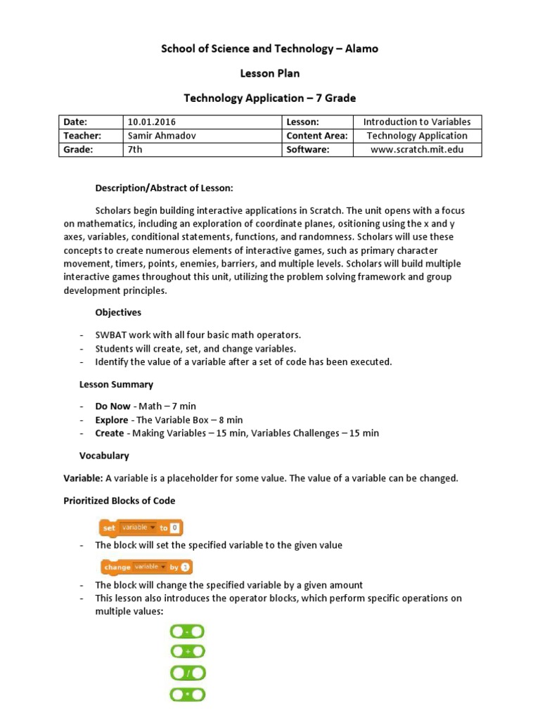 School of Science and Technology - Alamo Lesson Plan Technology ...