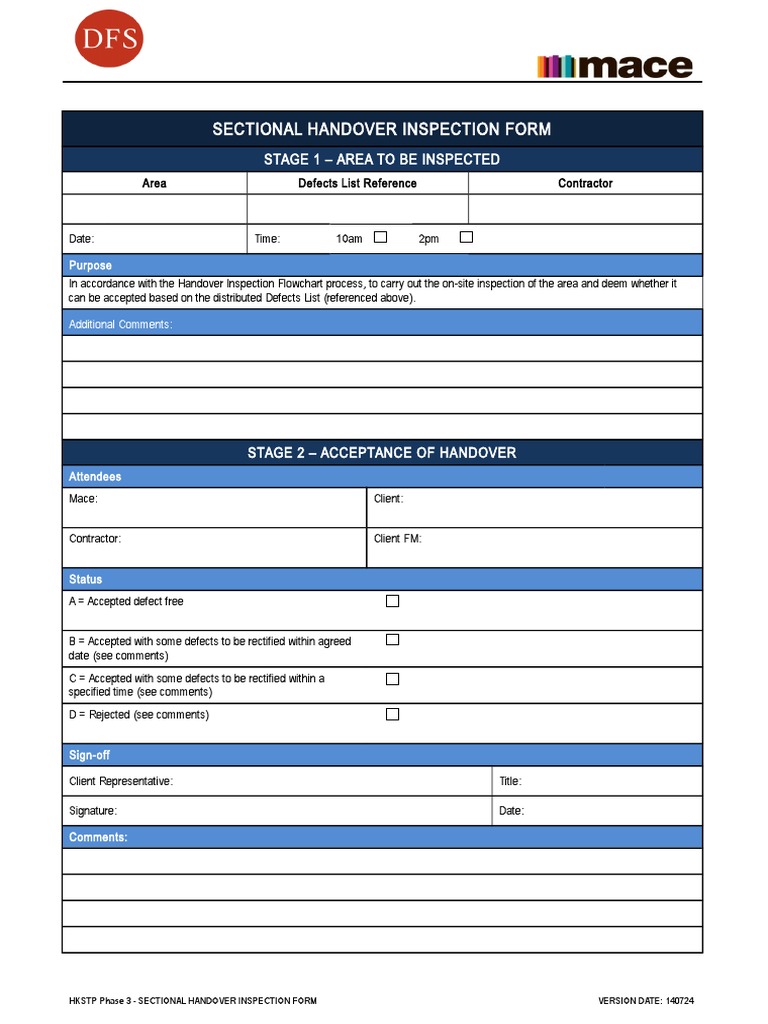 DFS Hanoi Airport - Sectional Handover Inspection Form