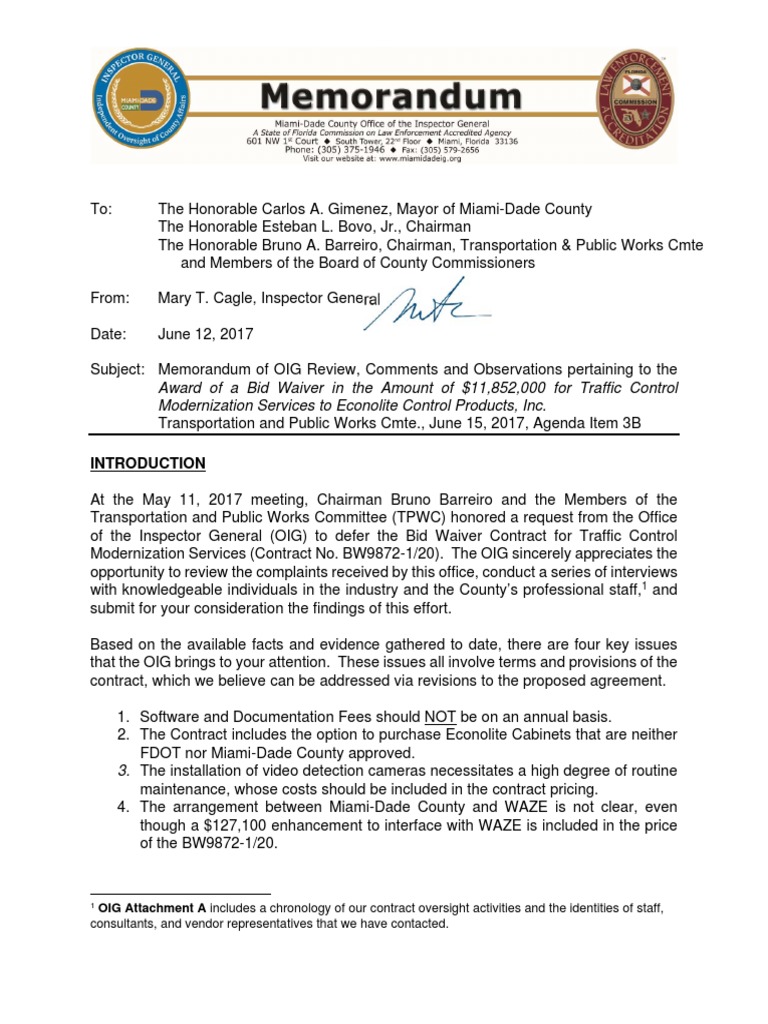 Award of A Bid Waiver in The Amount of $11,852,000 For Traffic Control ...