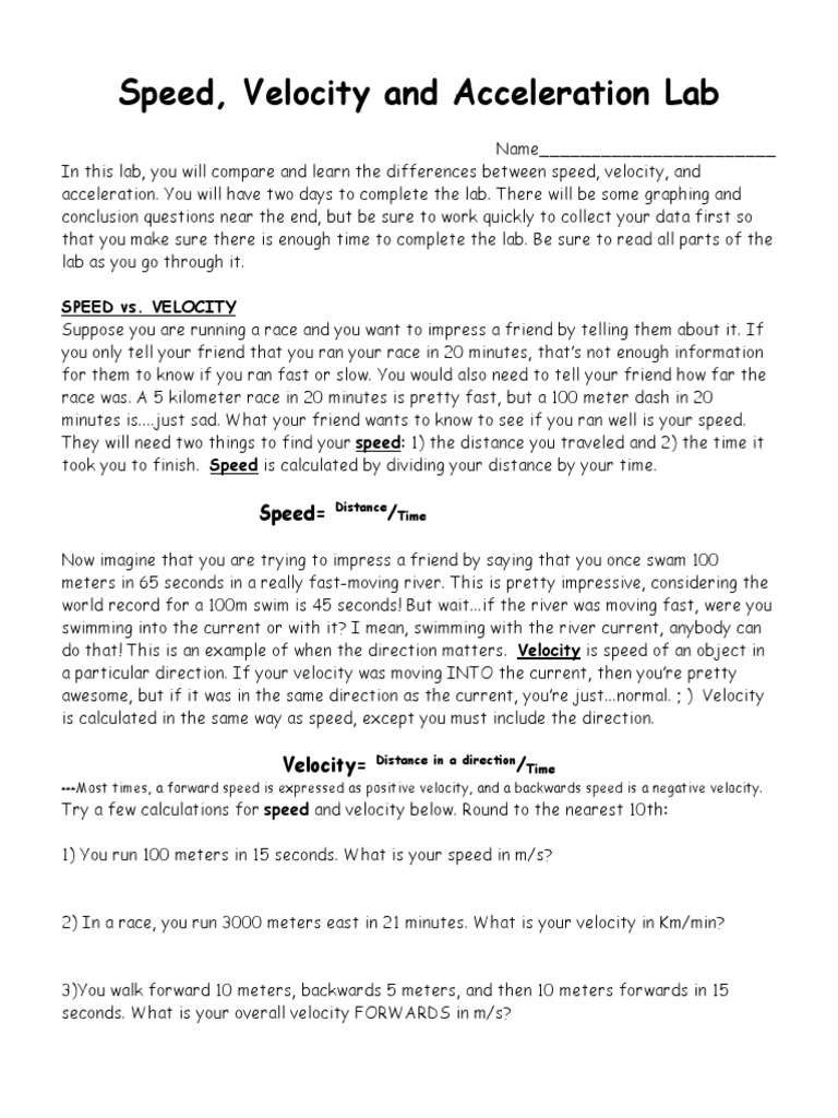 Velocity Acceleration Lab PDF | PDF | Velocity | Speed