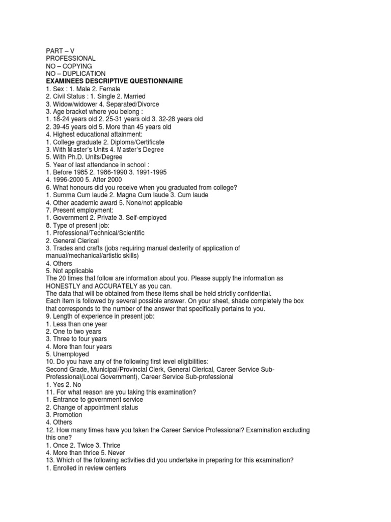 Examinees Descriptive Questionnaire | PDF | Global Warming | Civil And ...
