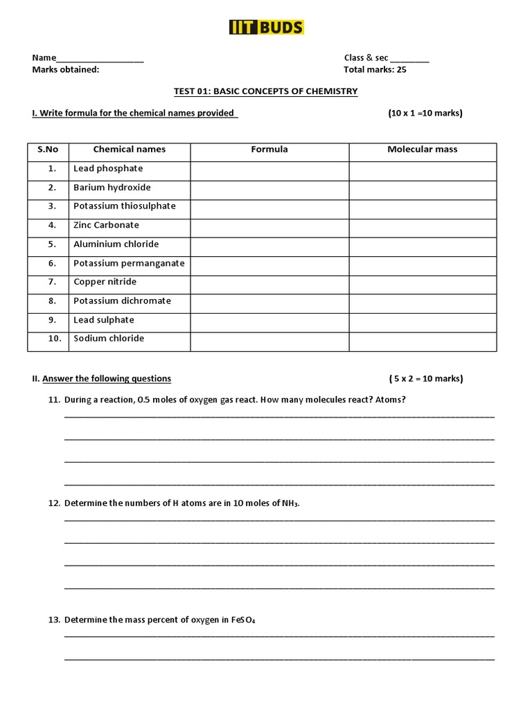 Basic Chemistry Test Formulas Isotopes Limiting Reagents | PDF | Mole ...