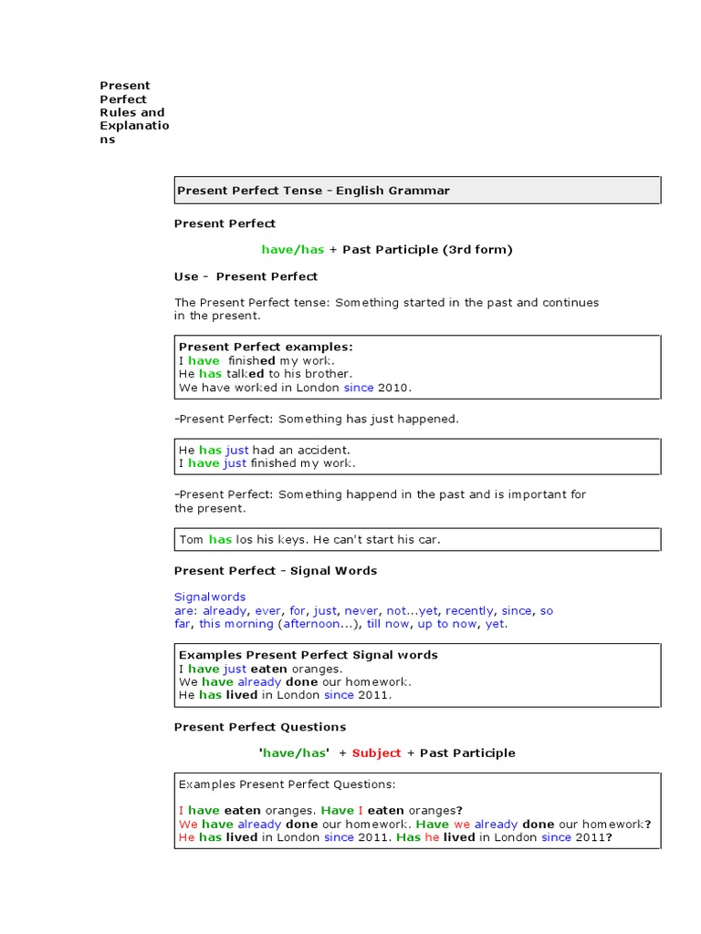 Present Perfect Rules and Explanations | PDF | Perfect (Grammar ...