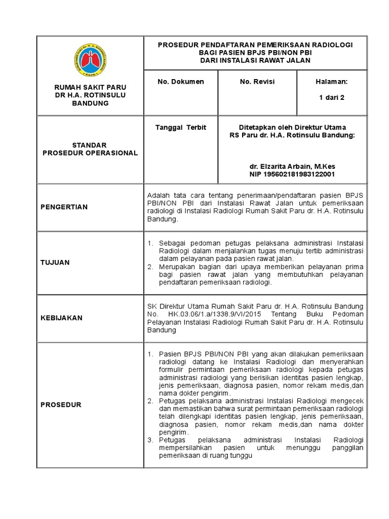 Protap Pendaftaran Pemeriksaan Radiologi Pasien Bpjs Pbi Dan Non Pbi ...