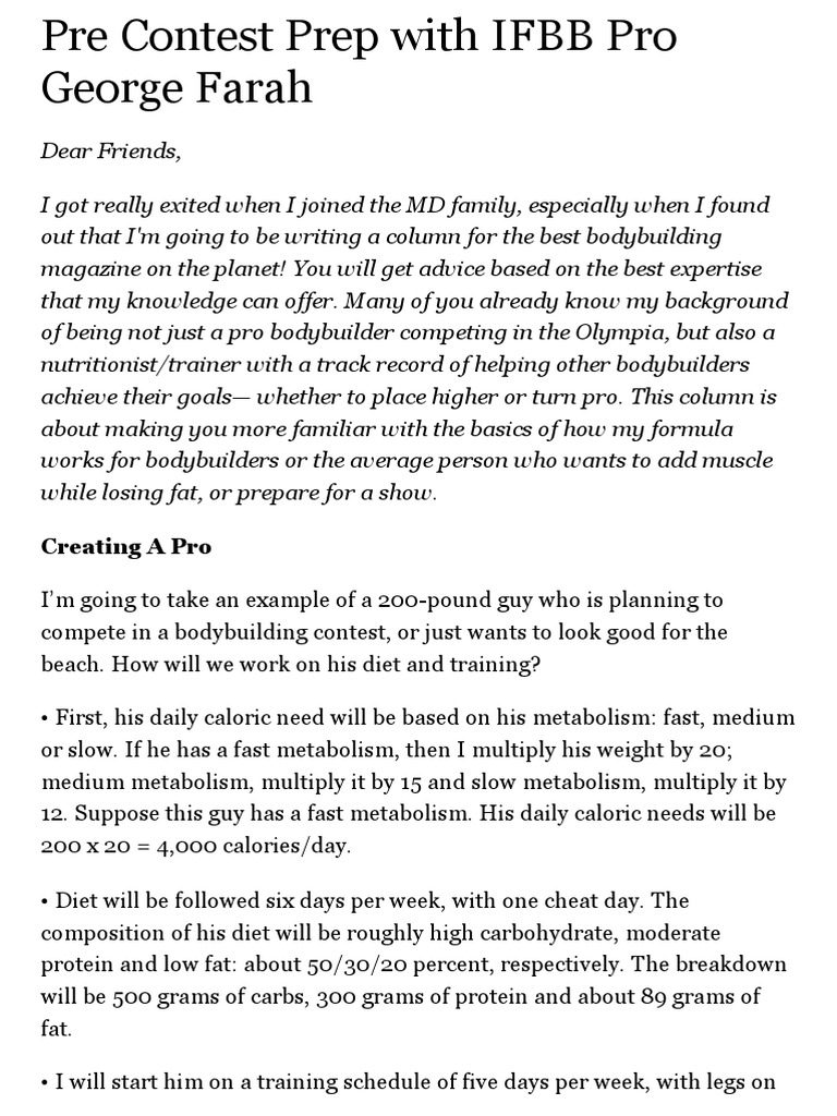 Pre Contest Prep With IFBB Pro George Farah | PDF | Carbohydrates ...