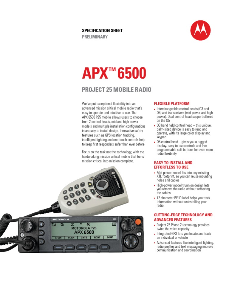 APX 6500 Spec Sheet | Electronics | Telecommunications Engineering