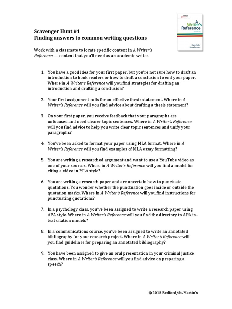 Scavenger Hunt #1 Finding Answers To Common Writing Questions | PDF ...