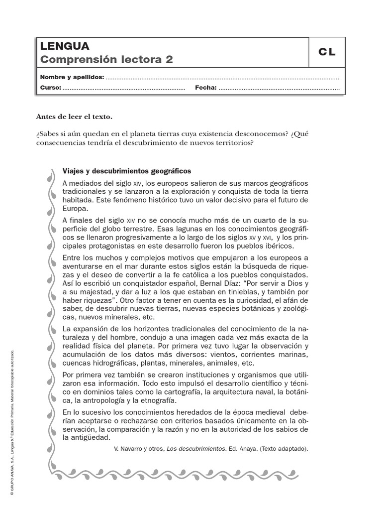 Comprension-Lectora VIAJES Y DESCUBRIMIENTOS PDF | PDF | Viajes por ...