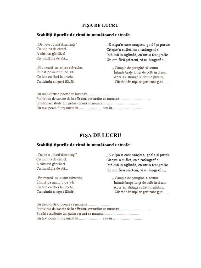 Fisa de Lucru Tipuri de Rima | PDF