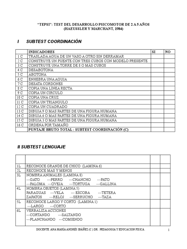 I Subtest Coordinación: “Tepsi”: Test Del Desarrollo Psicomotor De 2 A ...