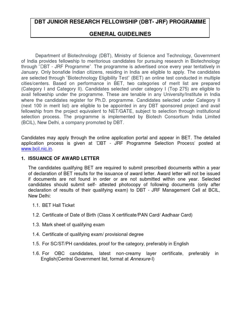 DBT Junior Research Fellowship (DBT-JRF) Programme General Guidelines ...
