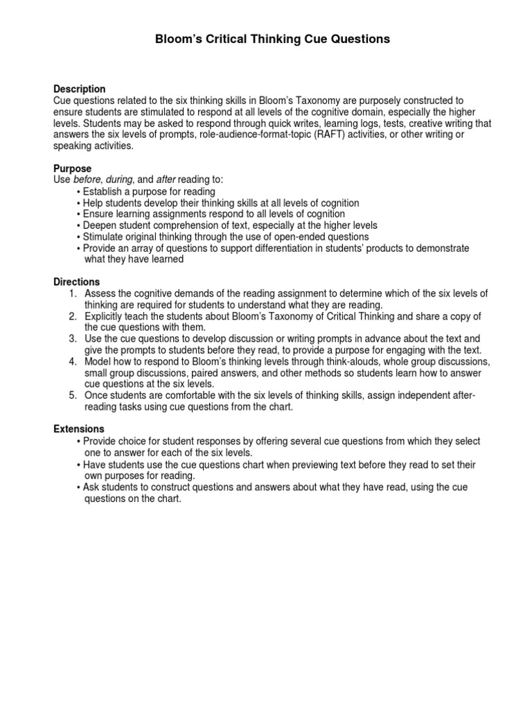 Bloom's Critical Thinking Cue Questions: Description | PDF | Reading ...