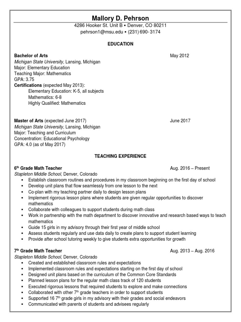 Mallorypehrsonresume 2017 | PDF | Curriculum | Lesson Plan