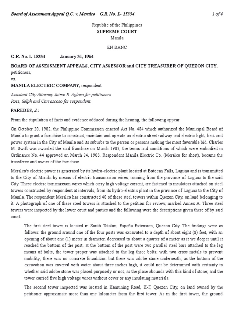 30-Board of Assessment Appeal Q.C. vs. Meralco, 10 SCRA 68 | PDF | Wire | Taxes