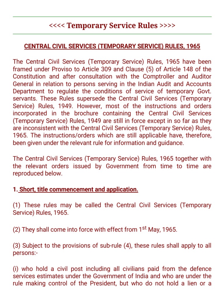 Central Civil Services (Temporary Service) Rules, 1965 | PDF | Surety ...