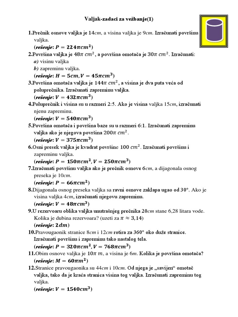 8razr Valjak Zadaci Za Vezbanje1 | PDF