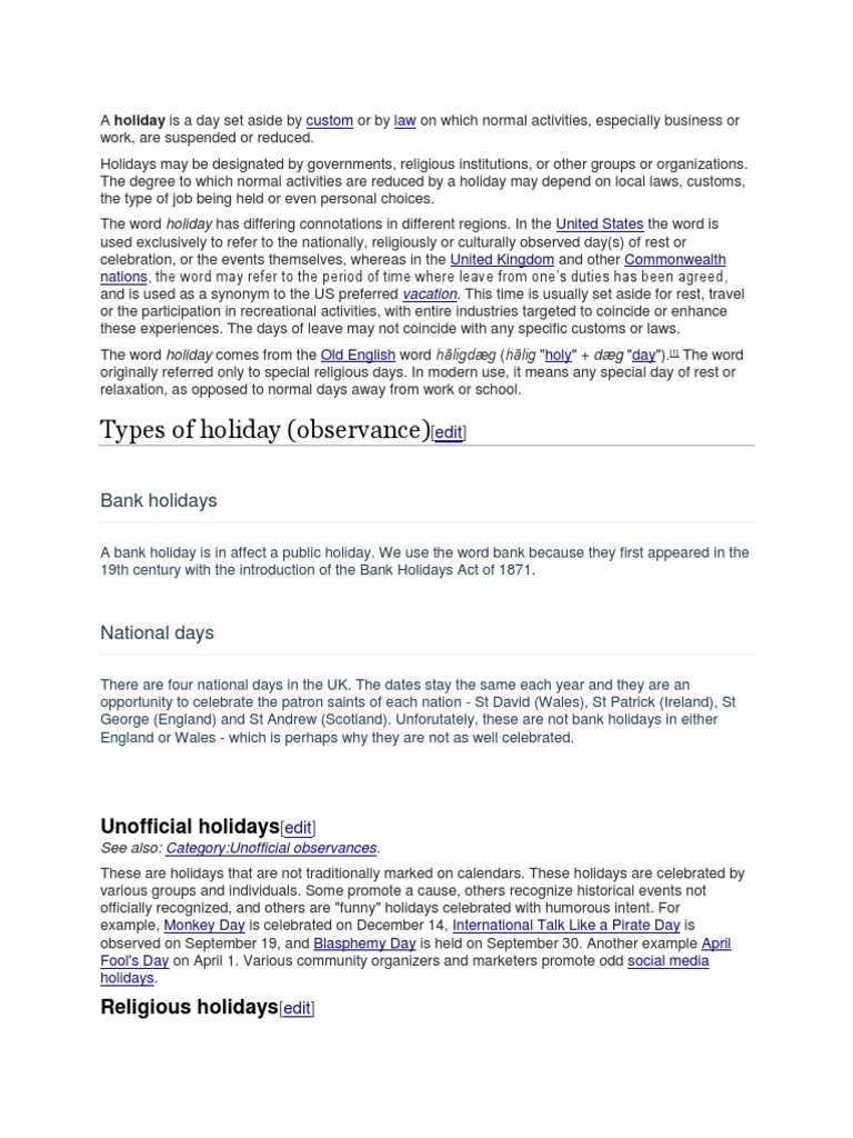 Types of Holiday (Observance) : Bank Holidays | PDF | Holidays ...