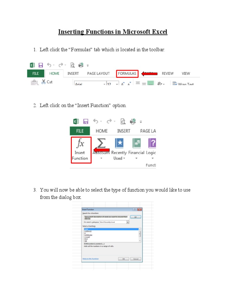 Inserting Functions in Microsoft Excel: 1. Left Click The "Formulas ...