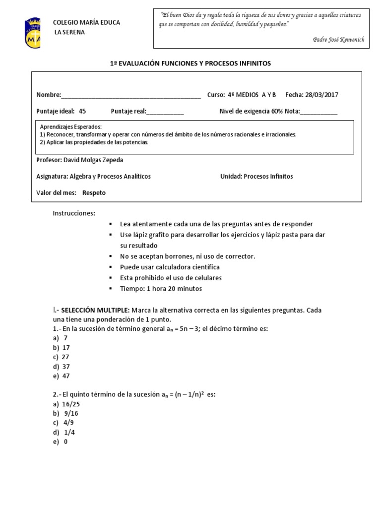 1 Prueba Funciones y Procesos Infinitos | PDF | Enseñanza de matemática ...