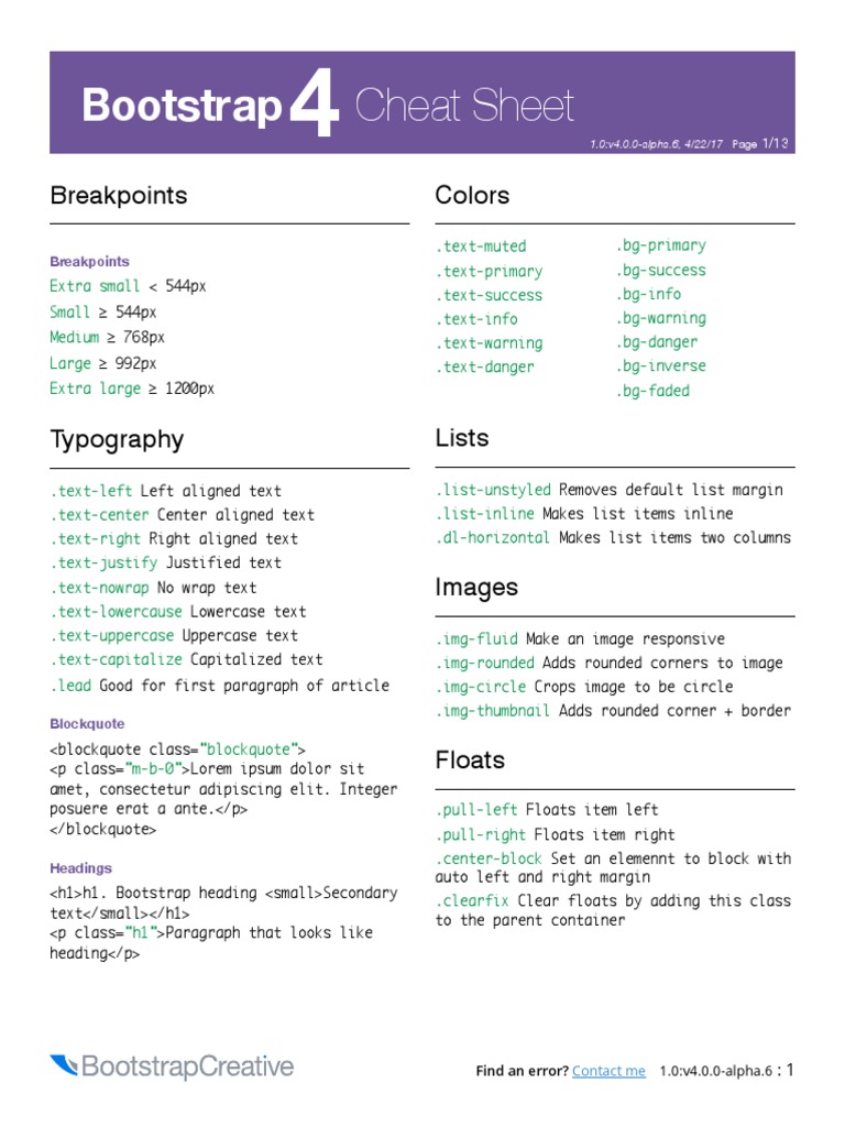 Bootstrap 4 Cheat Sheet 10v400 Alpha6 Pdf Bootstrap Front End Framework Cascading Style 0451