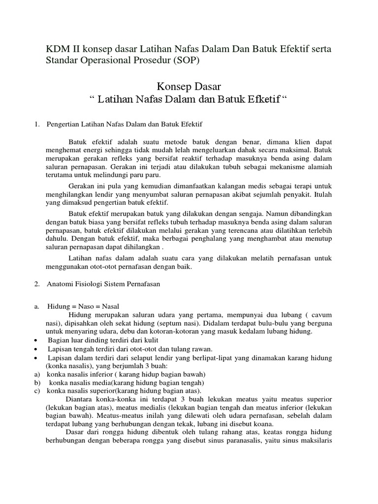 KDM II Konsep Dasar Latihan Nafas Dalam Dan Batuk Efektif Serta Standar Operasional Prosedur | PDF