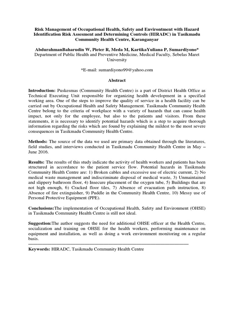 HIRADC in Tasikmadu Health Centre | PDF | Occupational Safety And ...