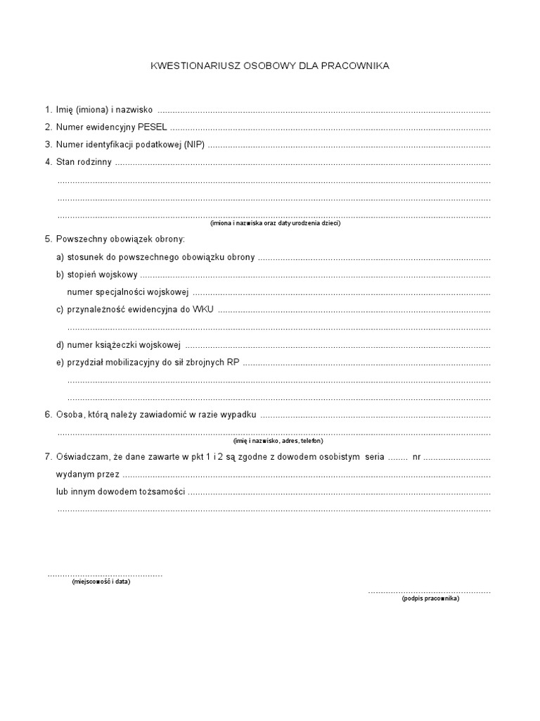 Kwestionariusz Osobowy Dla Pracownika | PDF