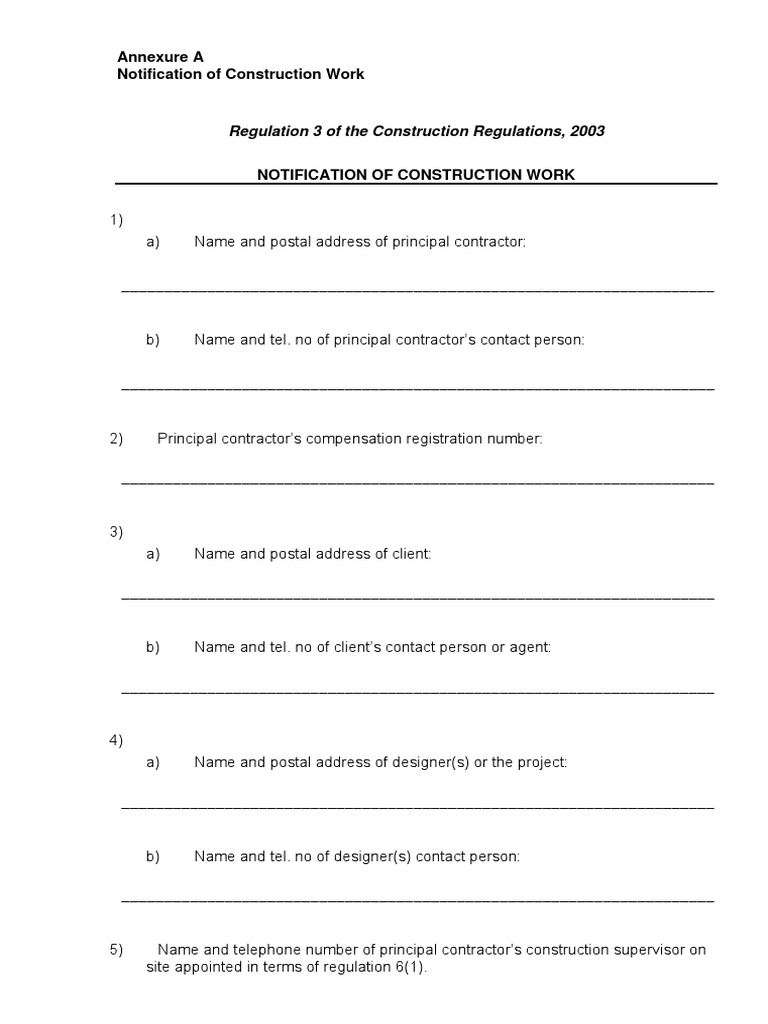 Notification of Construction Work Department of Labour | PDF ...