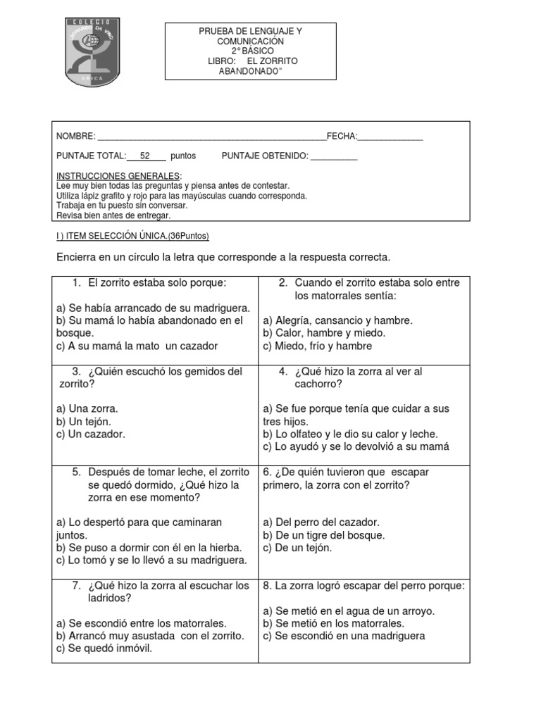 Prueba Del Libro El Zorrito Abandonado | PDF | Ocio