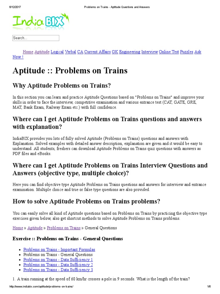 Problems on Trains - Aptitude Questions and Answers | Multiple Choice ...