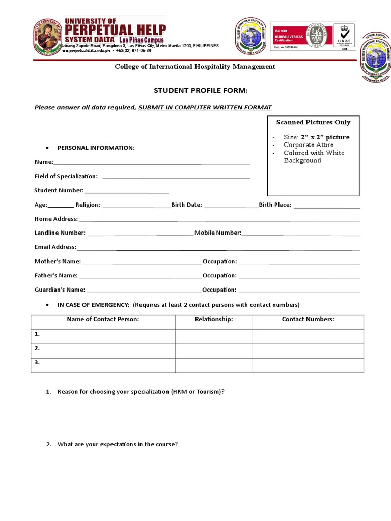 Student Profile Form for Hospitality Management | PDF