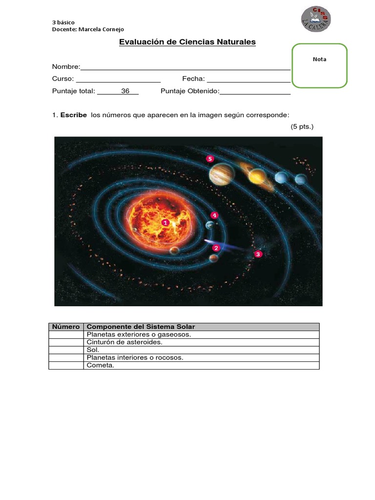 Prueba Del Sistema Solar | PDF | Planetas | Sistema solar