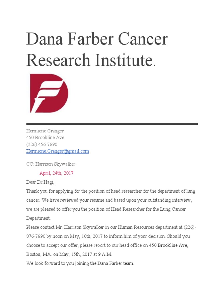 Dana Farber Cancer Research Institute.: Hermione Granger 450 Brookline ...