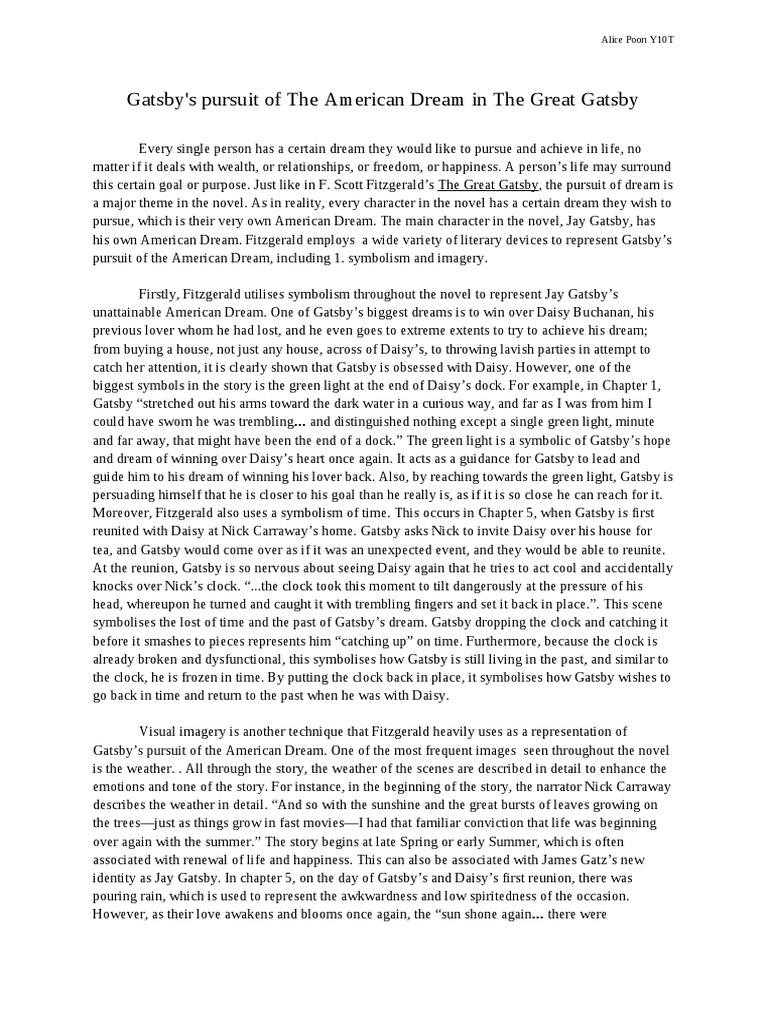 Gatsby's Pursuit of The American Dream in The Great Gatsby: Alice Poon ...