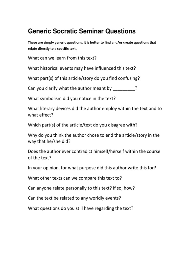 Generic Socratic Seminar Questions | PDF