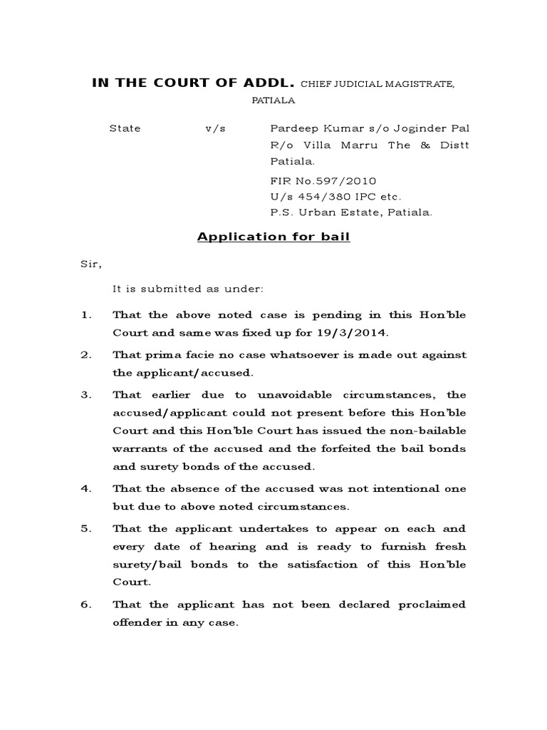 Surrender and Bail Application Format | PDF