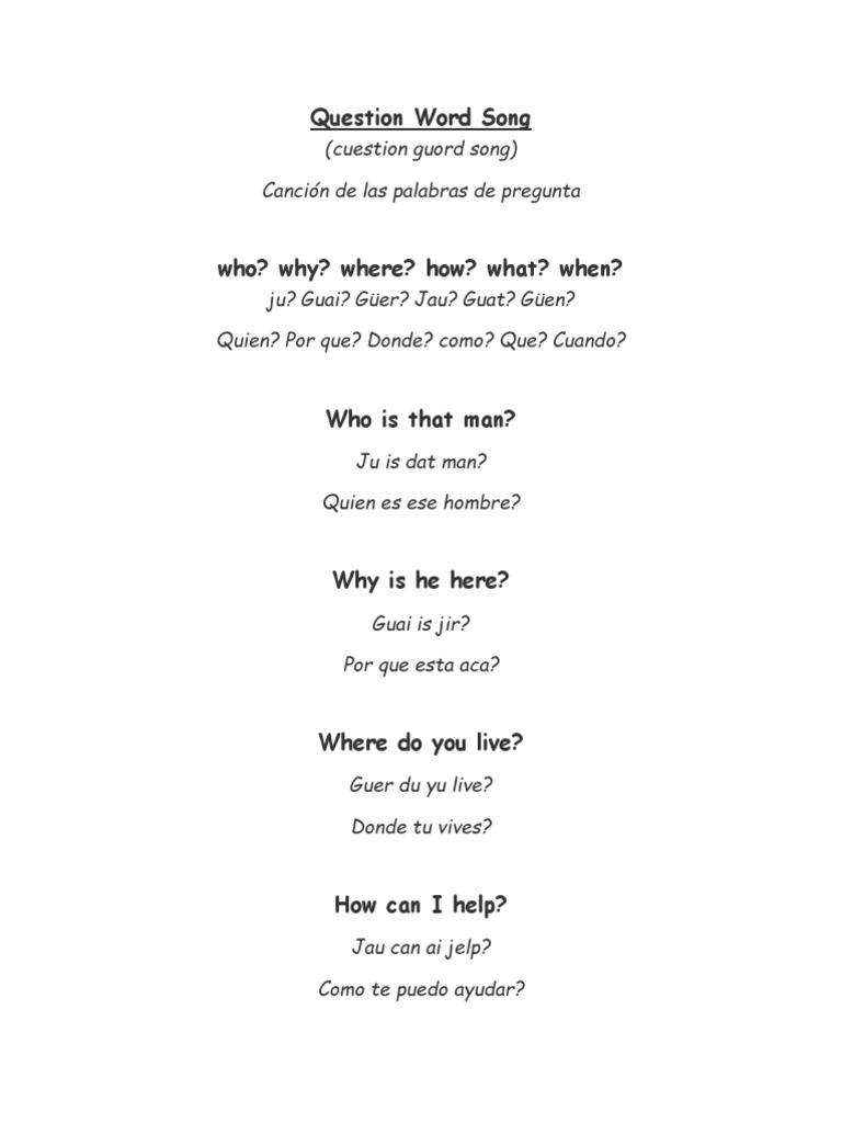 Question Word Song | PDF | Ciencias sociales | Relaciones personales ...