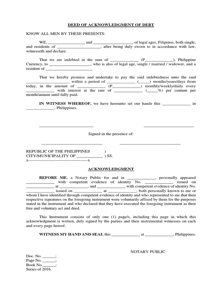 Deed of Acknowledgment of Debt | Notary Public | Debt