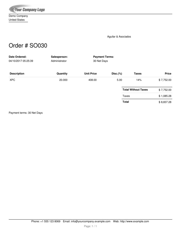 Sales Order for 20 XPC Units from Demo Company in the United States ...