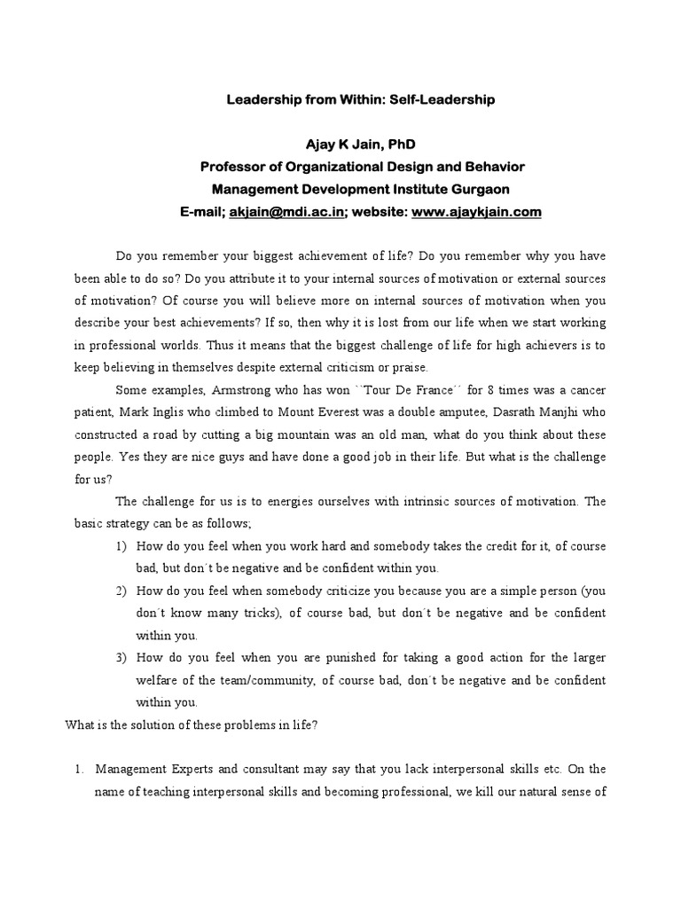 Leadership From Within: Self-Leadership | PDF | Psychological Concepts ...