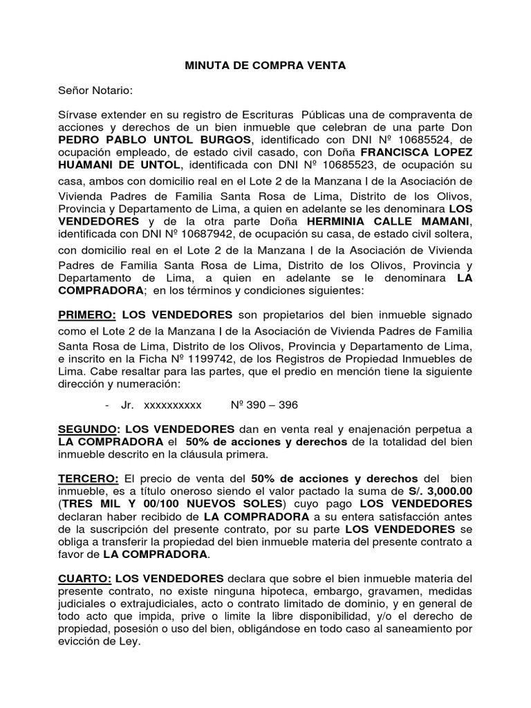 Minuta de Compra Venta de Acciones y Derechos | PDF | Propiedad | Ley común