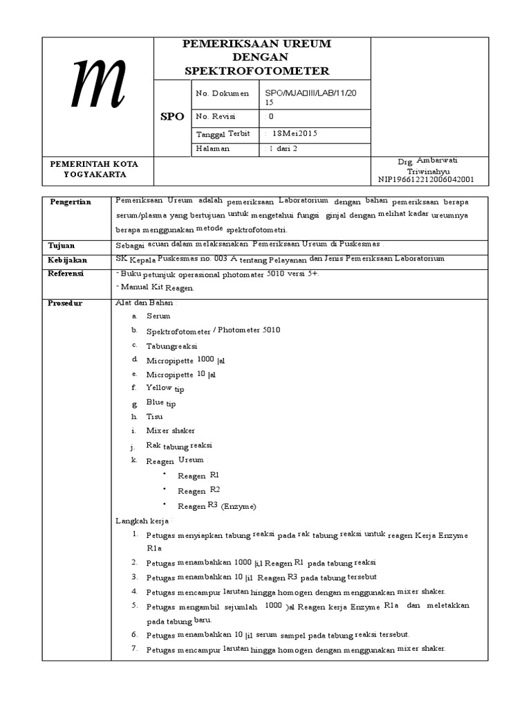 SPO Pemeriksaan Ureum Dengan Spektrofotometer | PDF
